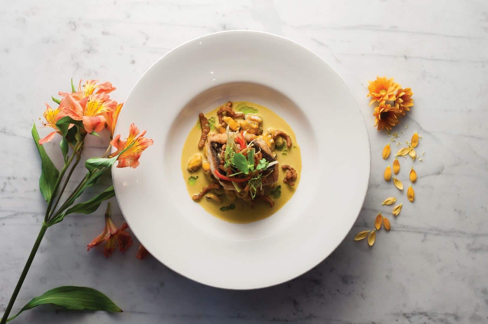 Pan seared grouper curried mussels and crispy calamari - Served